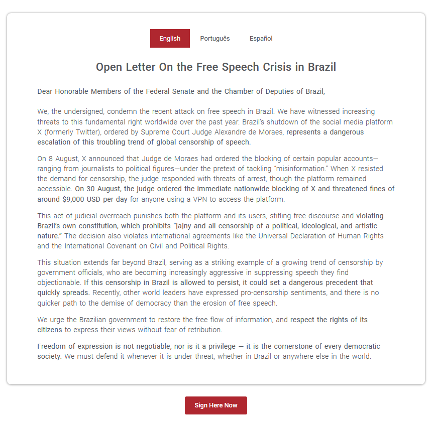 100 dignitaries sign open letter condemning Brazil | The Spectator ...